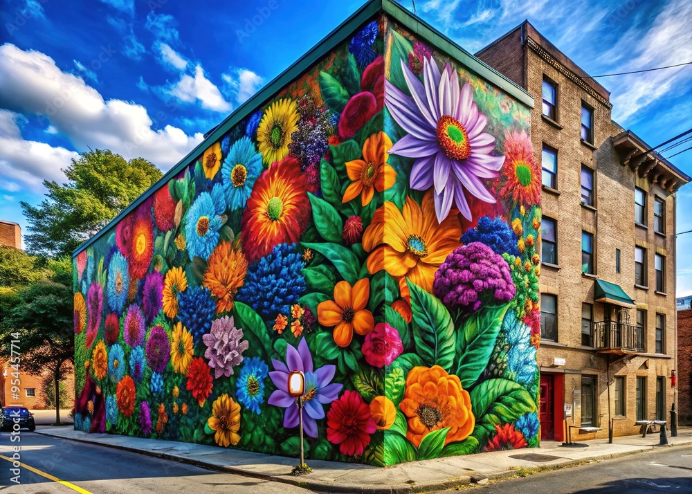 Vibrant mural of colorful flowers and leaves wraps around a building on ...