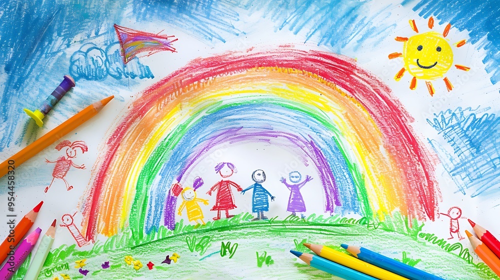 A colorful crayon drawing by a child featuring a bright rainbow ...