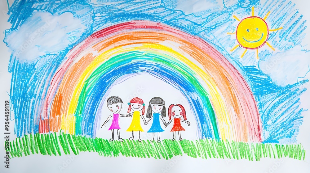 A colorful crayon drawing by a child featuring a bright rainbow ...
