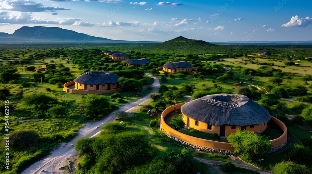 A traditional Maasai mud hut village arranged in a circular layout ...