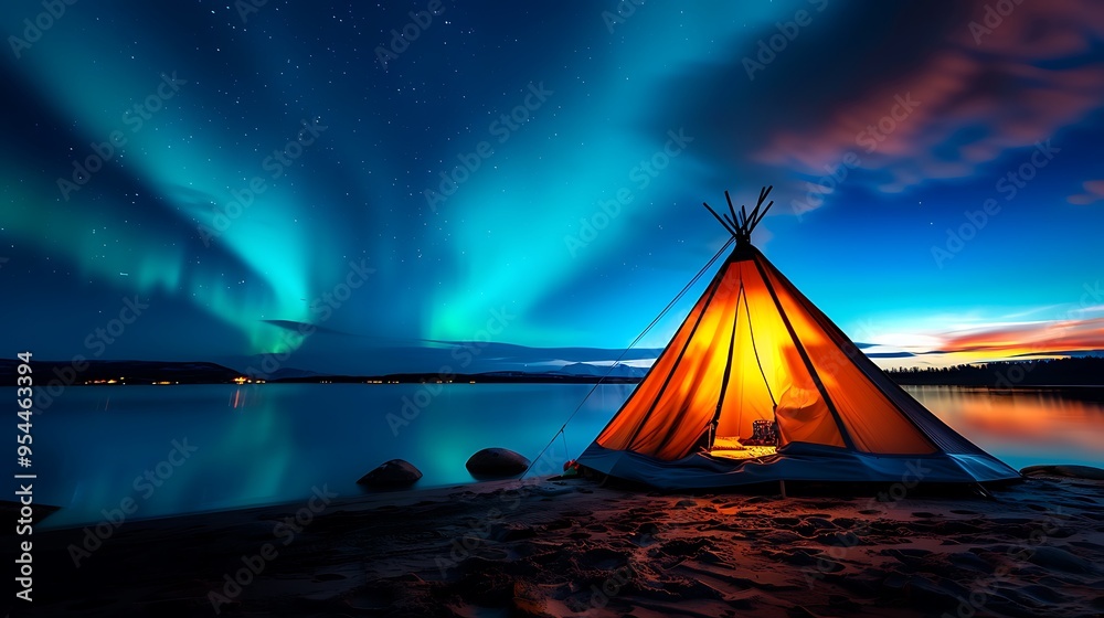 A traditional Sami lavvu tent, set under the breathtaking northern ...