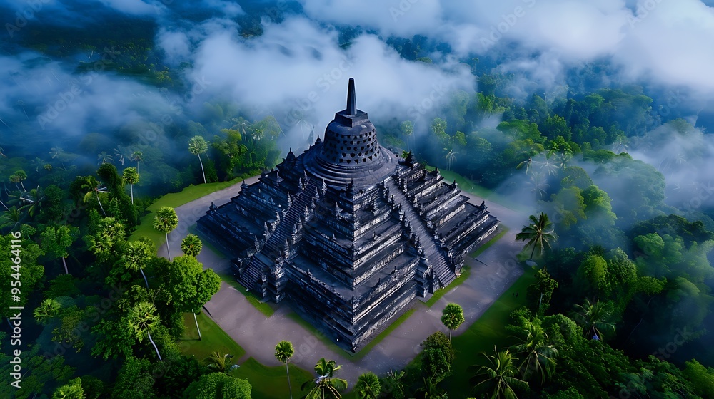 The ancient Borobudur temple at dawn, shrouded in mist with the ...