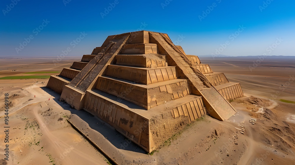 The ancient Mesopotamian ziggurat, standing tall in the arid desert of ...