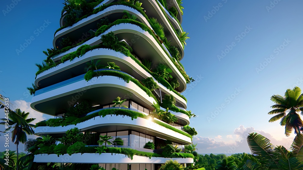 Towering vertical forest residential skyscrapers with lush greenery ...