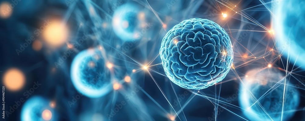 Neural stem cells displayed as glowing spheres with electrical pulses ...