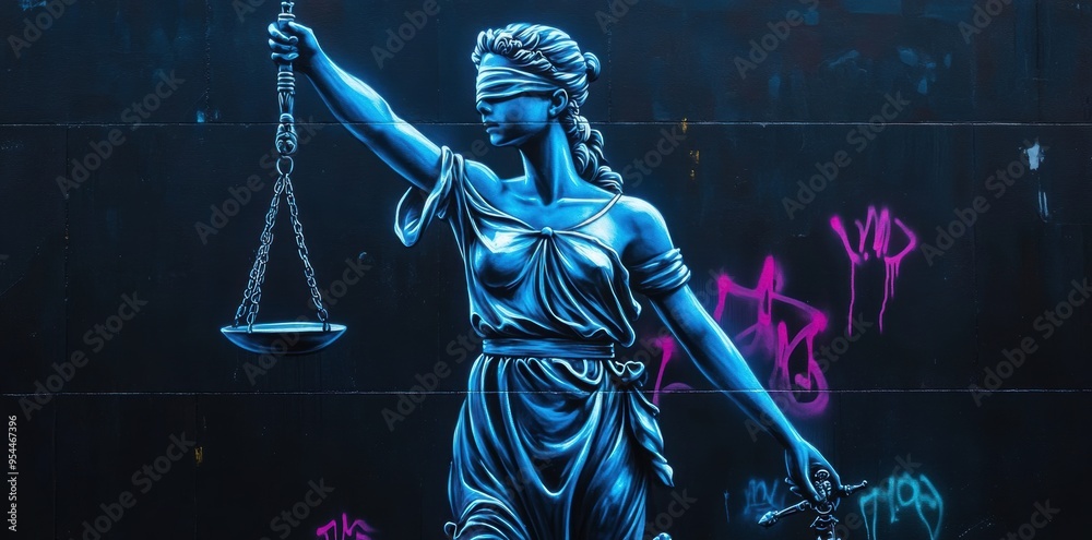 Graffiti-style art of Lady Justice, featuring vibrant urban graffiti on ...