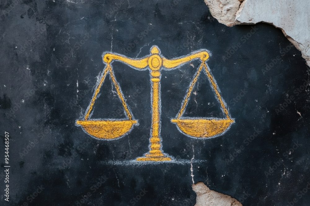 Colorful chalk drawing of justice symbols on a cracked concrete wall ...
