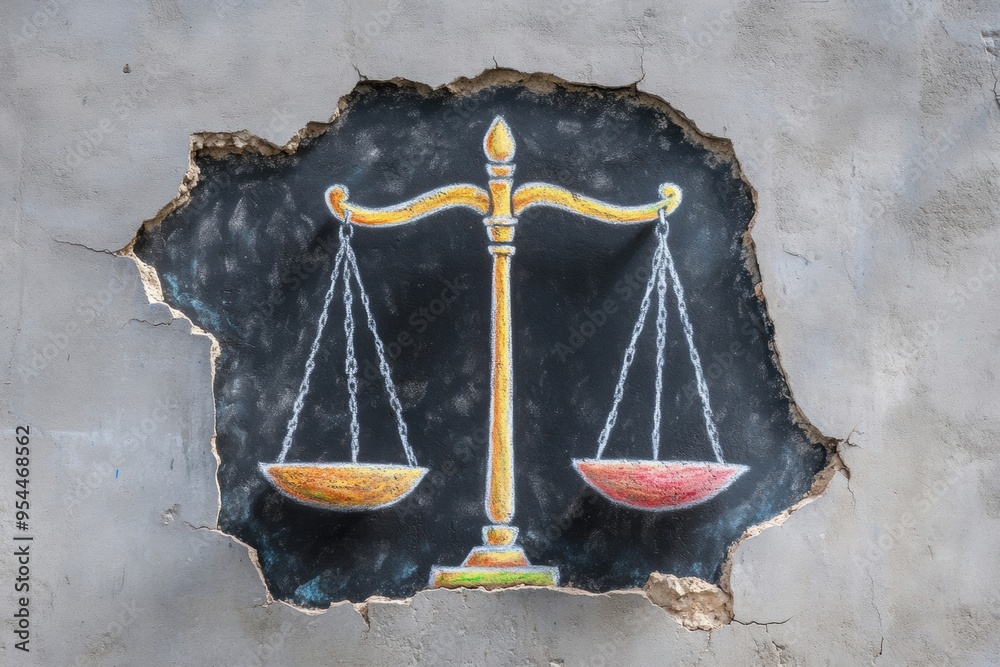 Colorful chalk drawing of justice symbols on a cracked concrete wall ...