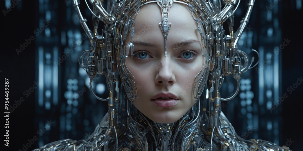 In a grand artistic masterpiece, a resplendently futuristic AI deity ...