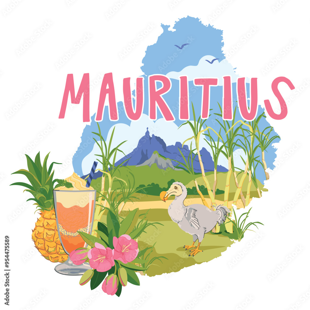 Mauritius map and famous landmarks of the island in flat style. Vector ...