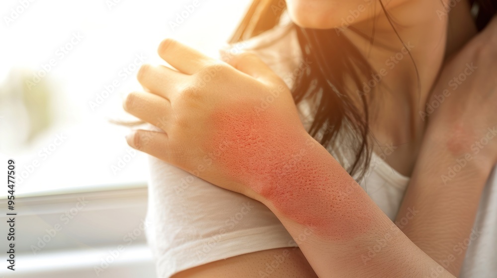 Fotografía Dermatology, young woman allergy, allergic reaction from ...