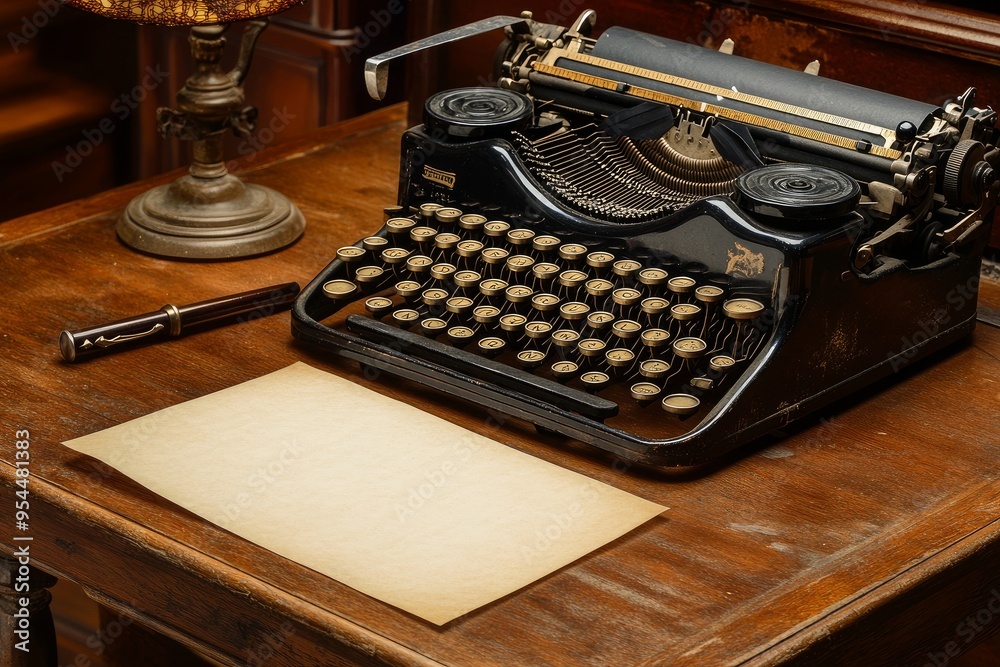 Antique typewriter with vintage keys and a sheet of parchment paper ...