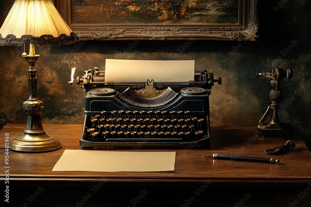Antique typewriter with vintage keys and a sheet of parchment paper ...