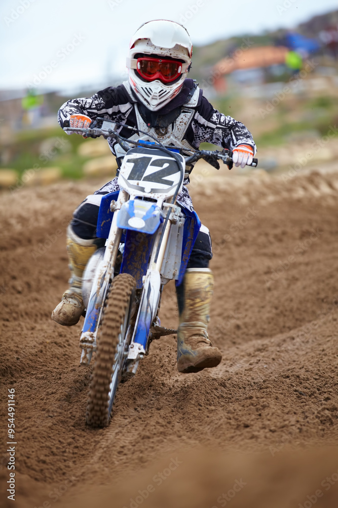 Motorcross, dirt road and athlete riding bike with speed for a race or ...