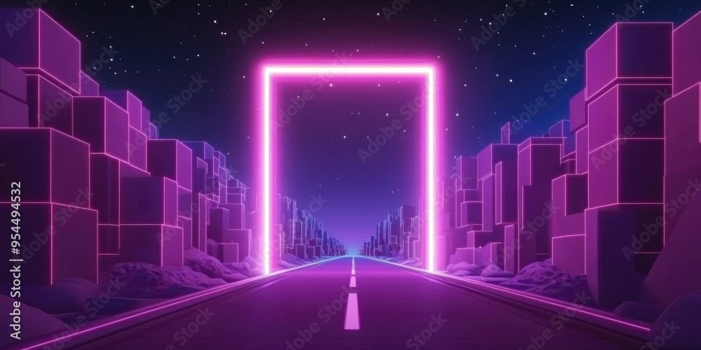 3D abstract neon background featuring a glowing rectangular portal in a ...