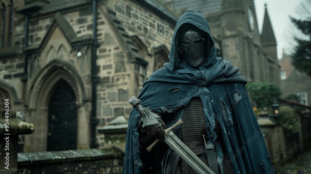 Medieval knight in chainmail armor kneeling with sword, ready for battle in a historic setting ...