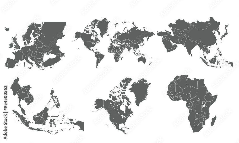 Map of all continents on the world Africa, Antarctica, Asia, Europe ...