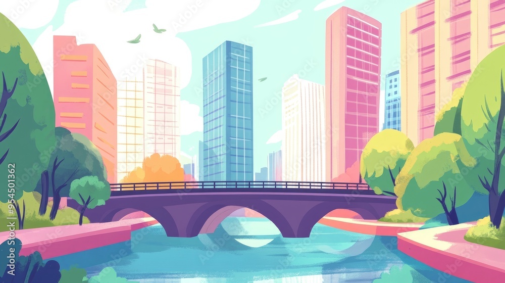 Hand drawn 2D cartoon style illustration of a city bridge featuring a ...