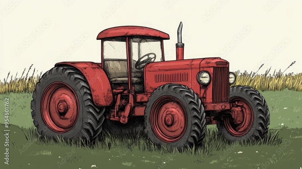 2D cartoon style artistic digital pen and ink illustration of a vintage ...