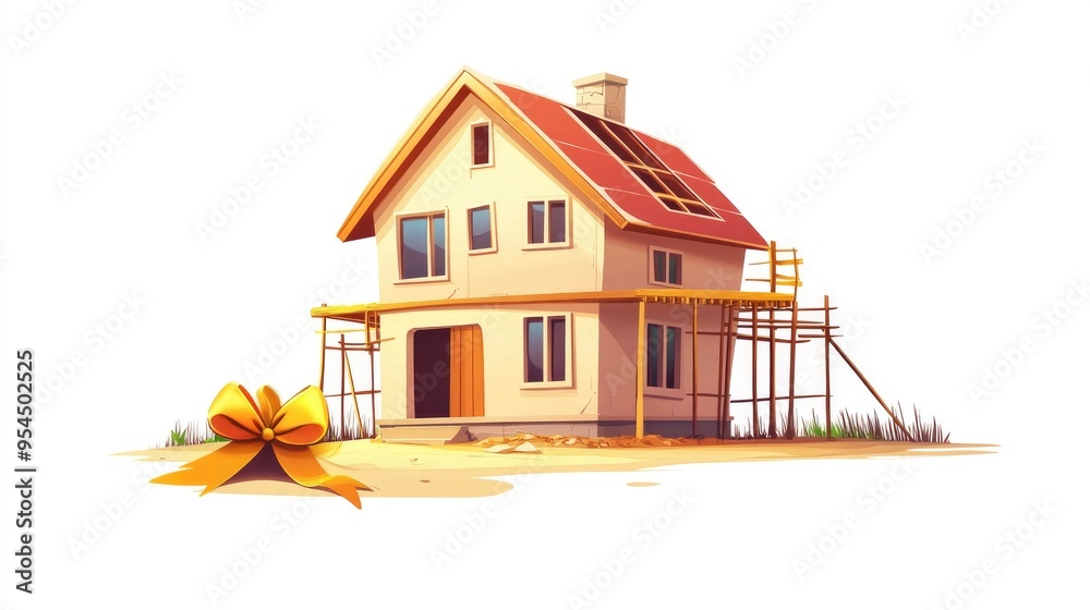 2D cartoon style illustration of a generic house with a gift ribbon set ...