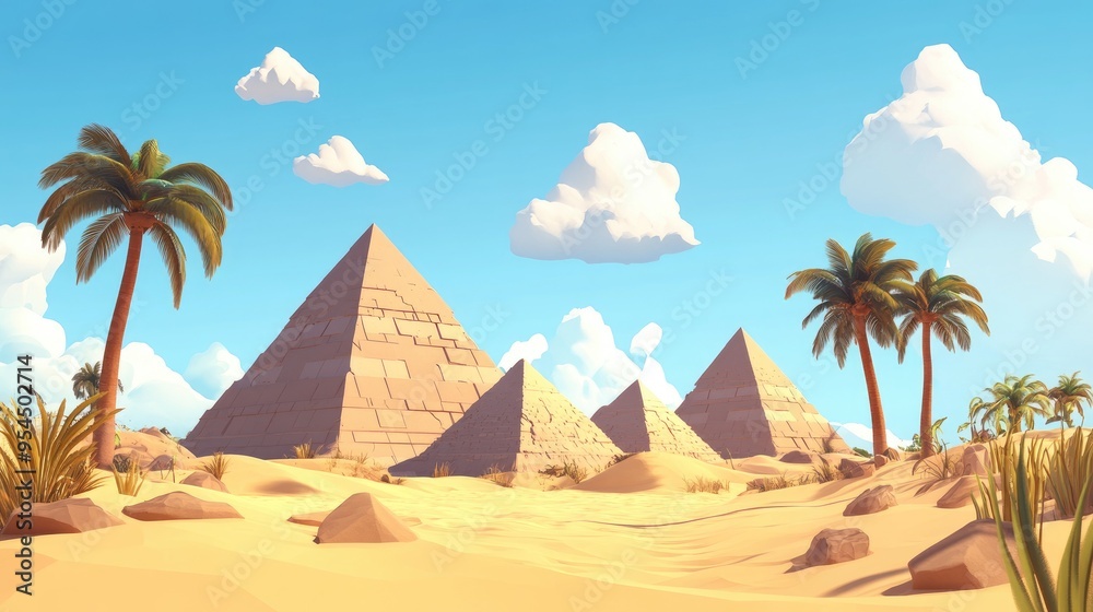 2D cartoon style desert scene featuring pyramids and palm trees Stock ...