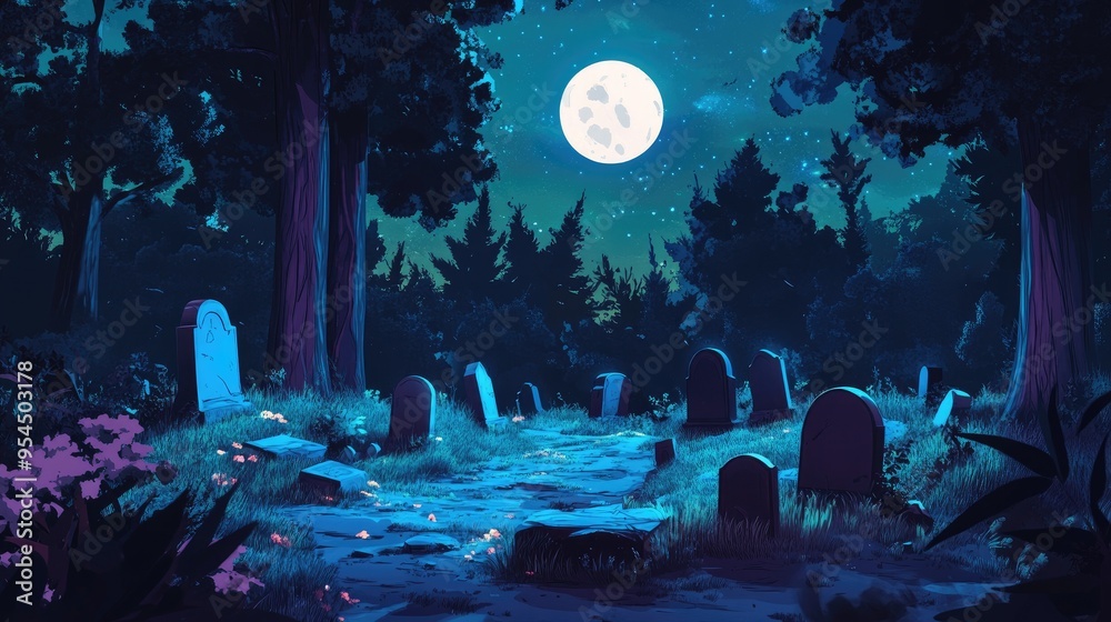 2D cartoon style ghostly cemetery in a forest at night illuminated by ...