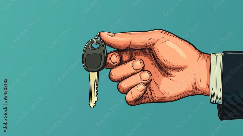 2D cartoon style illustration of a hand presenting a car key isolated ...