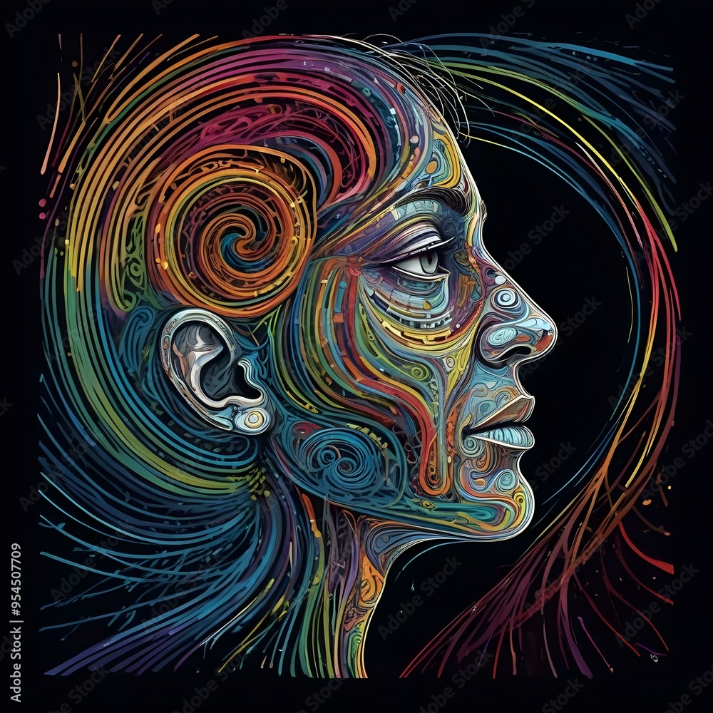A colorful abstract profile of a human face with swirling, psychedelic ...