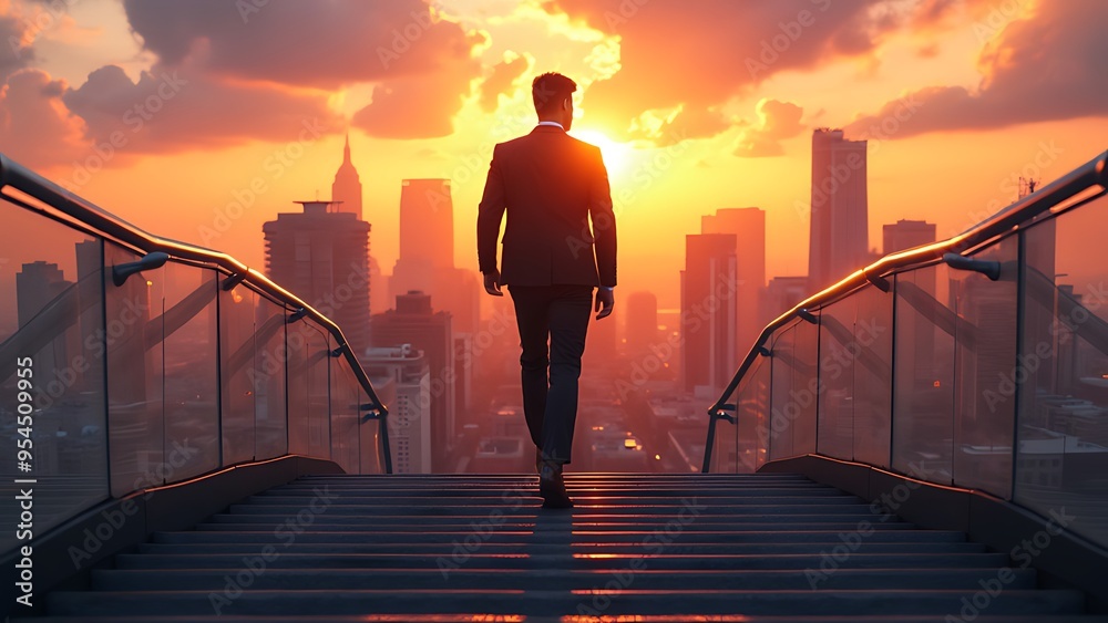 Ambitious business man climbing stairs to meet incoming challenge and ...