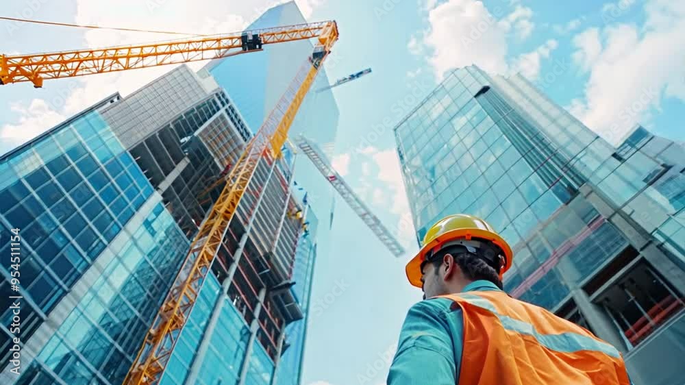 Building Tomorrow: Construction worker surveys towering skyscrapers ...