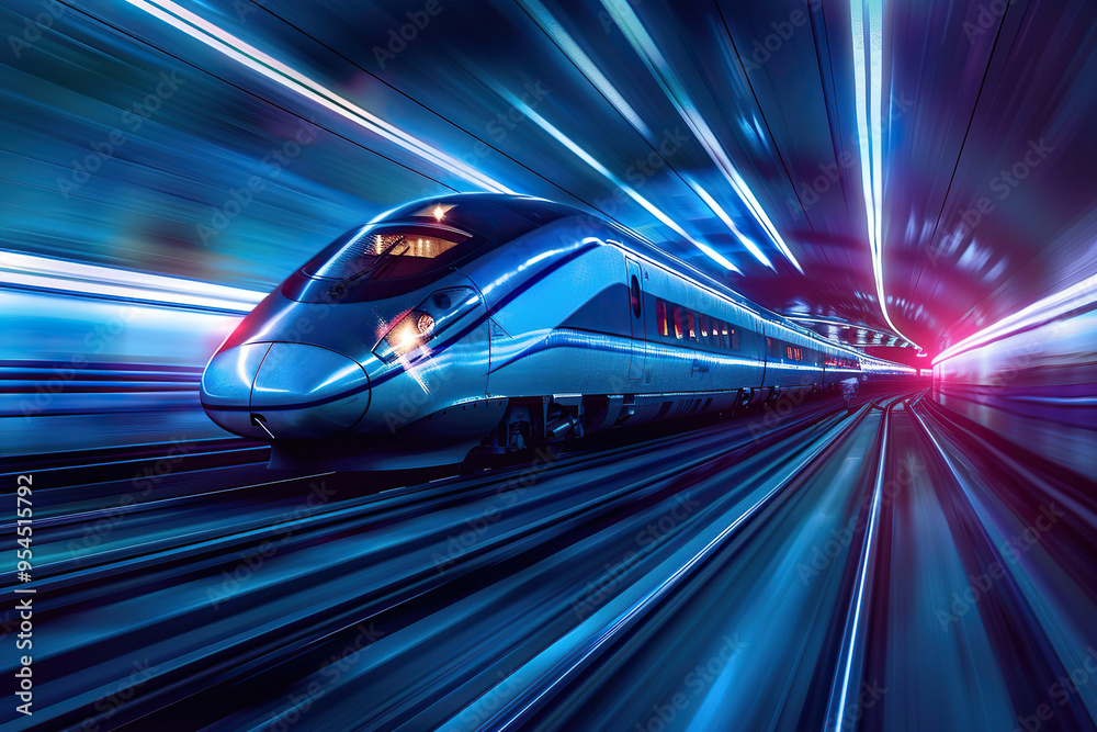 Modern high-speed train in fast motion passes through railway stations ...