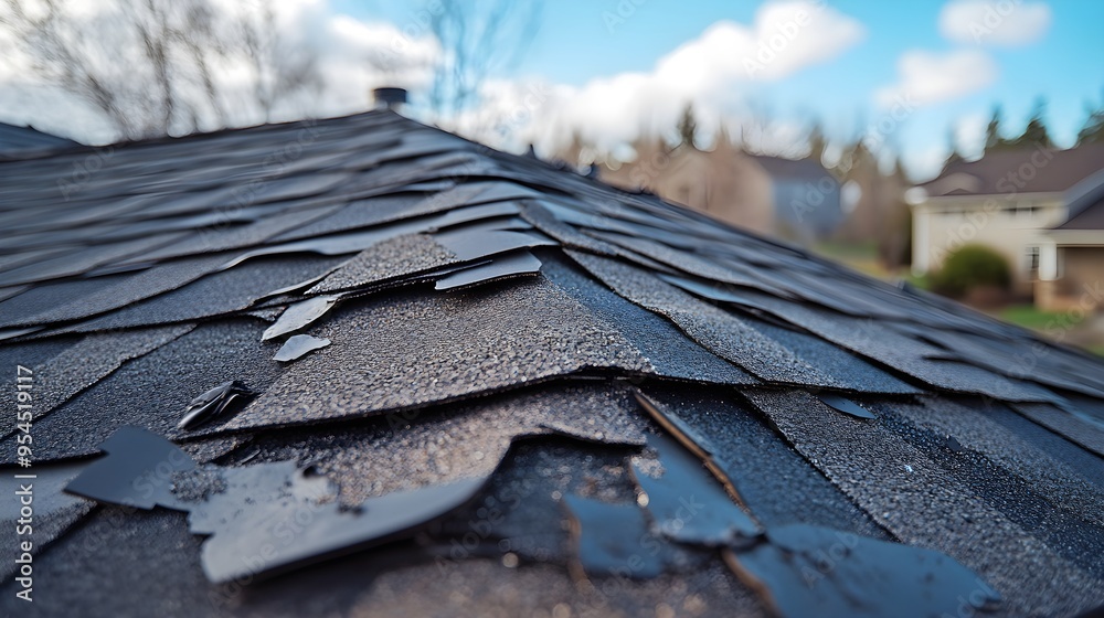 Detailed perspective of a shingle roof with large cracks, missing ...