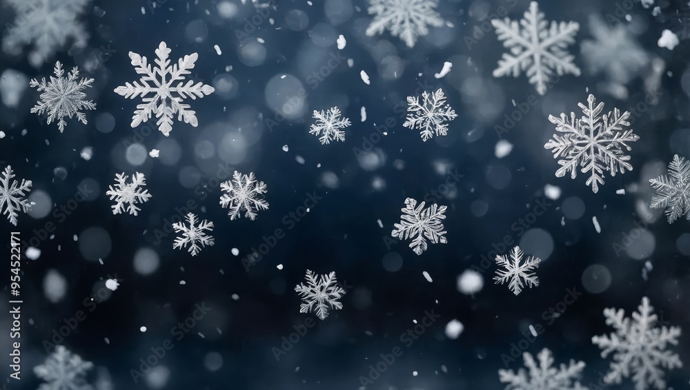 Heavy snowfall, snowflakes in different shapes and forms. Many white ...