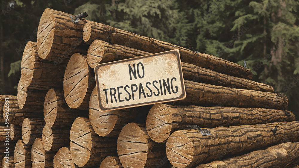 Stacked logs in a forest with a no trespassing sign. Protecting private ...