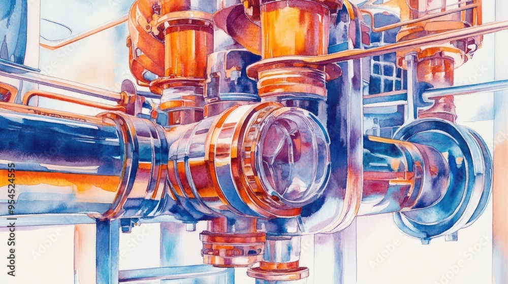 Watercolor illustration of complex oil pathways within a transmission ...