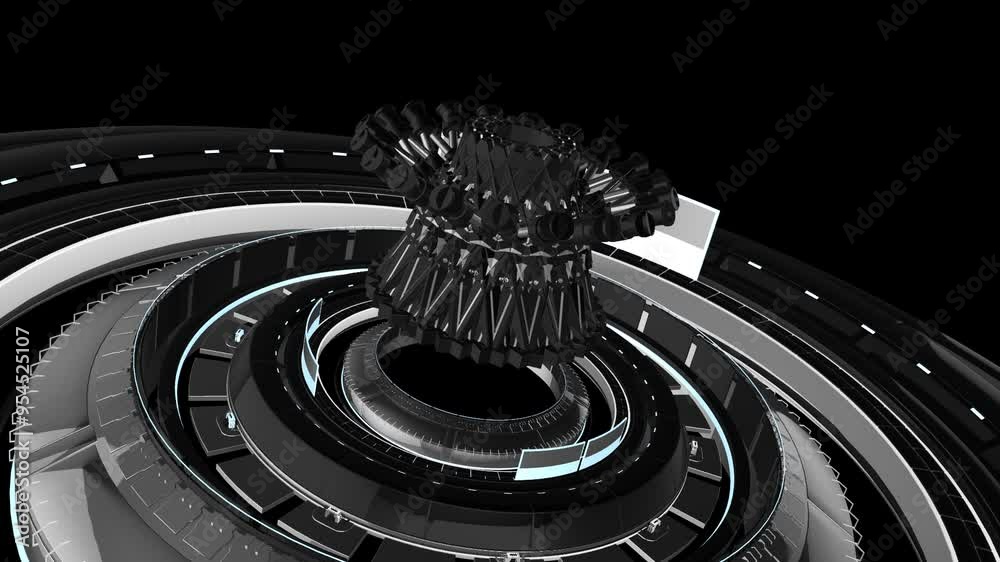 abstract digital animated background. Futuristic 3D Spinning Mechanical Structure. Rotating Sci ...