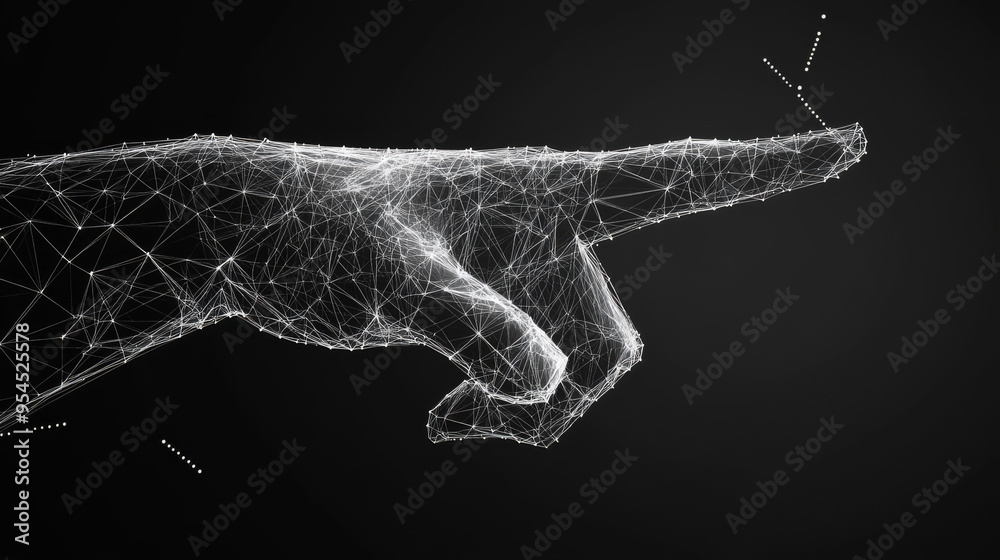 An abstract digital hand pointing, depicted with forefinger in polygons ...