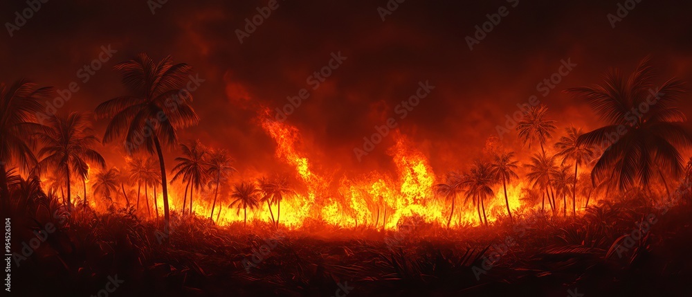 A dramatic scene of wildfire engulfing a tropical landscape, showcasing ...