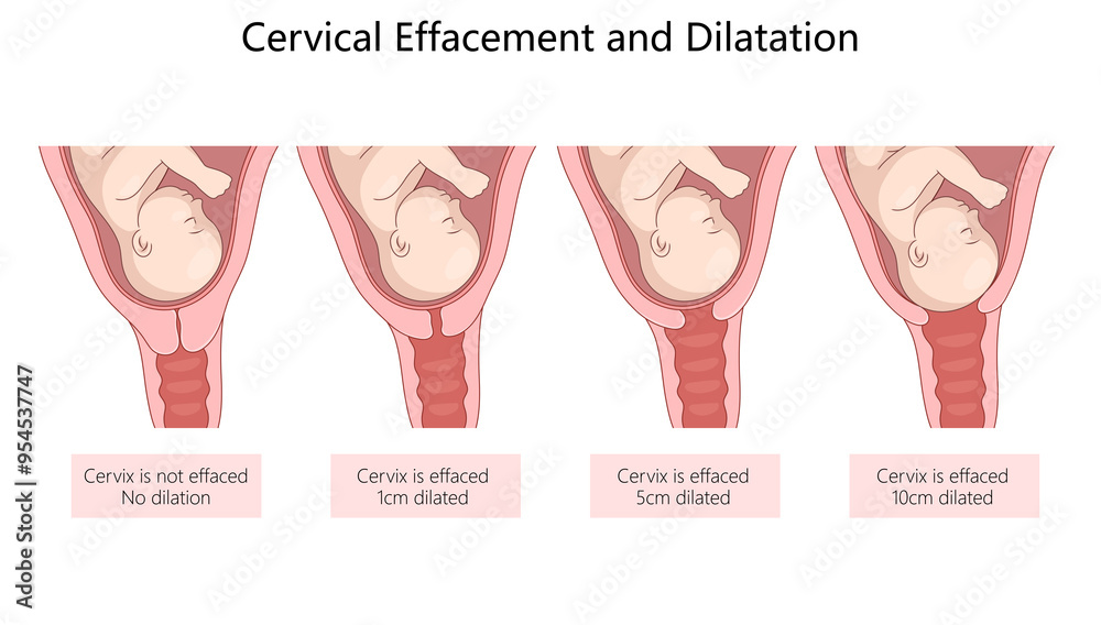 Póster stages of cervical effacement and dilation during labor, depicting gradual opening and ...
