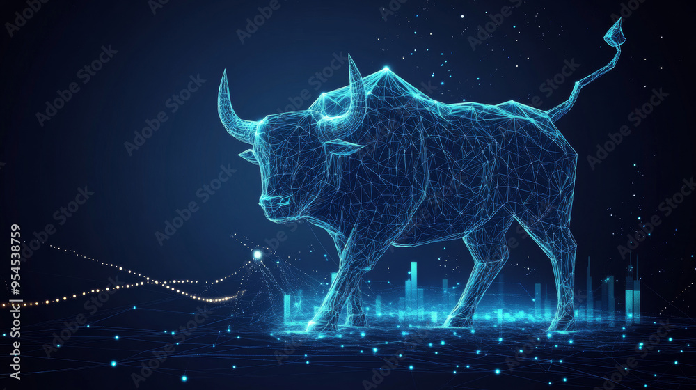 Japanese bull and candlesticks set against a technology blue background ...