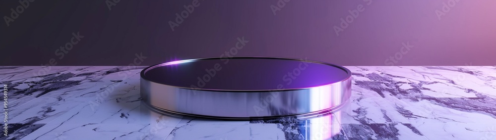 A platinum 3D podium with a mirror-like finish, reflecting the ambient ...