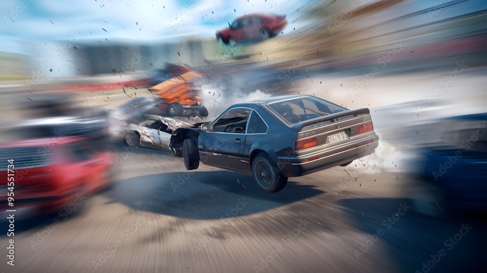 Intense car crash scene with multiple vehicles airborne during high ...