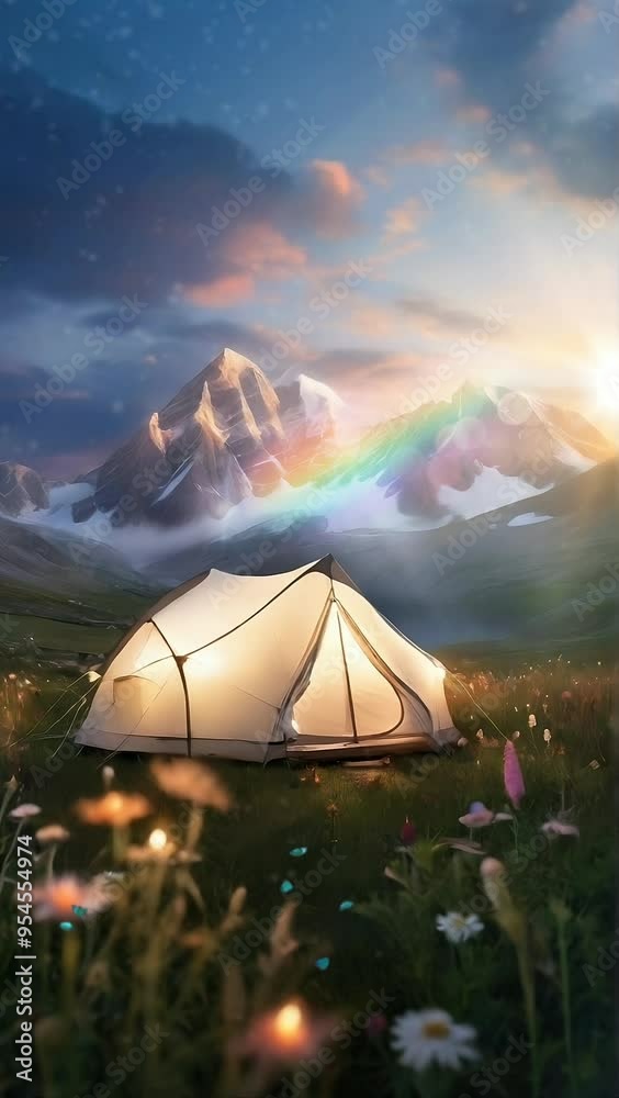 Spring Tent Animation on Mountain Slope with Beautiful Rainbow and Icy ...