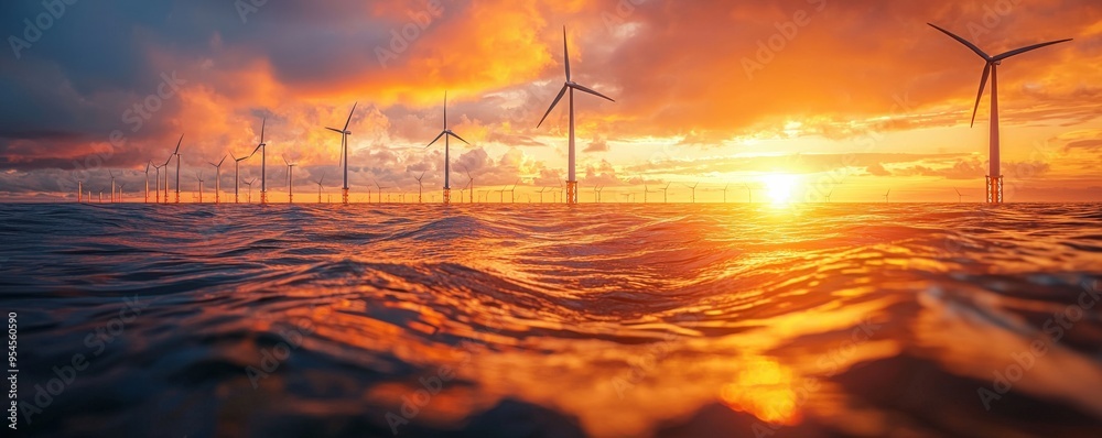 Panoramic view of an offshore wind farm, wind turbines aligned in the ...