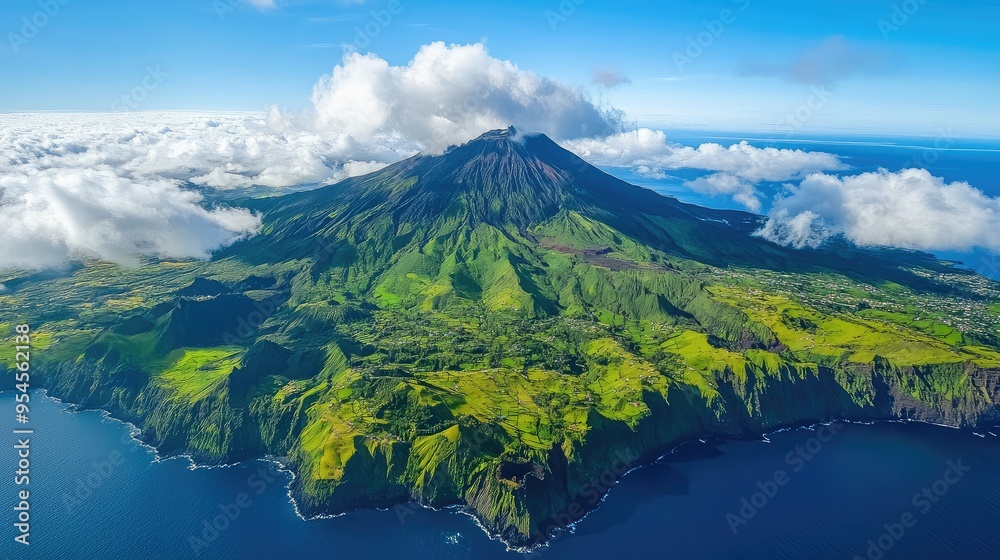 Bird's-eye view of the dramatic volcanic landscapes of Pico Island in ...