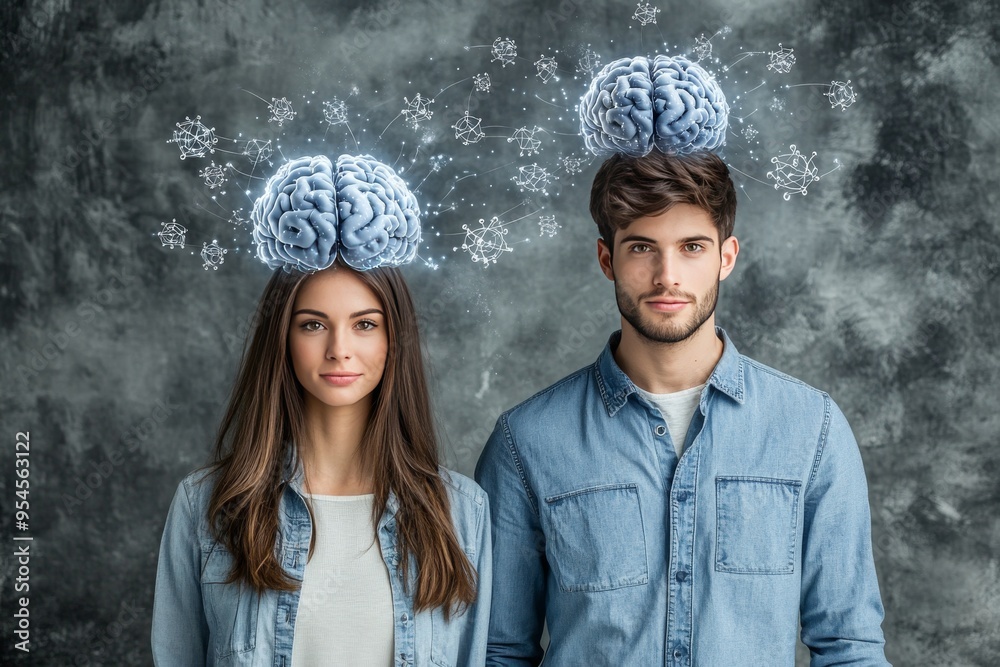 Mind development Love affair Young couple with floating brain images ...