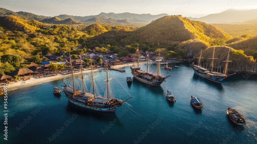 Bird's-eye view of the traditional Phinisi ships docked at the harbor ...