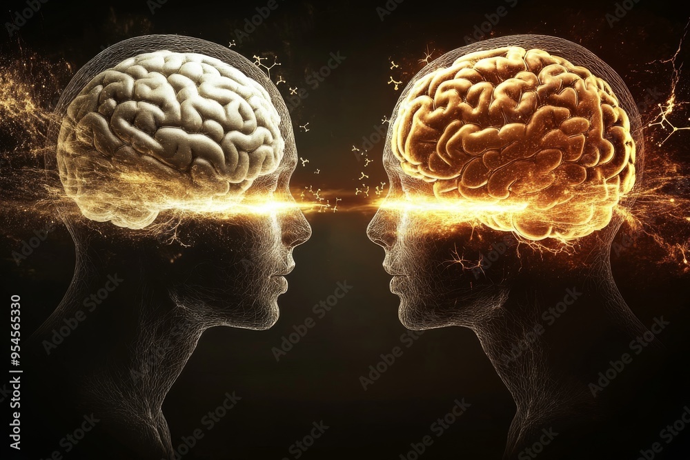 Emotional processing Love affair Close up of two profiles with brains ...
