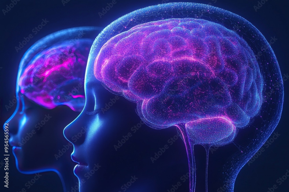 Mental visualization Love affair Two profiles with glowing brain ...