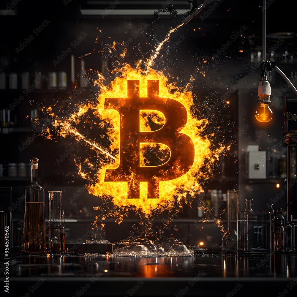 Bitcoin halving event depicted in a high-tech lab, with chemical ...